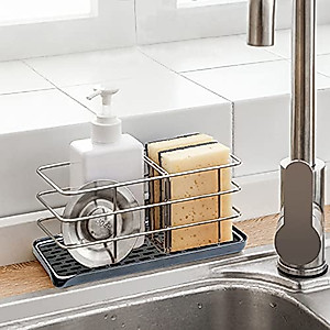 GUOJOZO Stainless Steel Sponge Holder for Sink Kitchen Sink Organizer,Sink Tray Drainer Rack for Countertop Or Wall-Stick with Dish Drainer Keep Dry (Black)