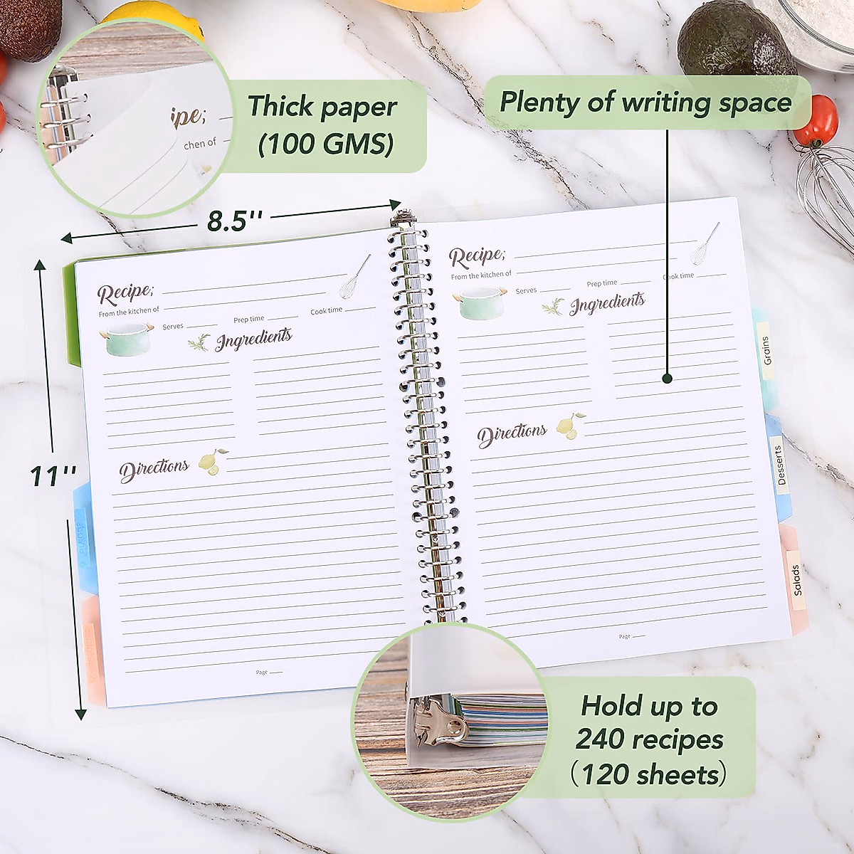 Recipe Book to Write in Your Own Recipes, 8.5" x 11" Personal Blank Recipe Notebook, Removable Hardcover Recipe Journal Book Binder with 8 Dividers and 24 Tabs, Hold up to 240 Recipes