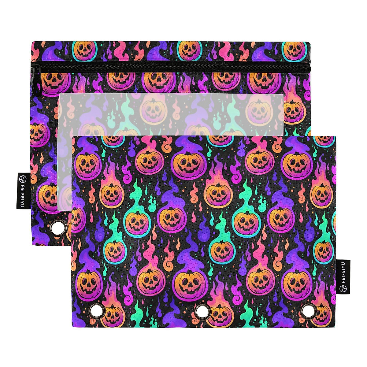 MCHIVER Halloween Pumpkins Jack-o'-lantern Pencil Pouch for 3 Ring Binder Pencil Case with Zipper Clear Window Binder Bags for Office Daily 2 Pack