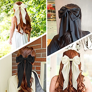 Ambesi Big Satin Silky Hair Barrettes 2pcs, Long Tail French Bow Barrettes for Women Girl, Black Milky White Hair Accessories for Birthday/Party/Show/Christmas/Independence Day