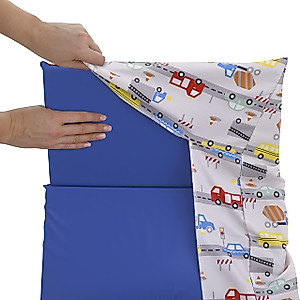 Everything Kids Construction, Bus, Truck, and Car Red, Yellow, and Blue Preschool Nap Pad Sheet