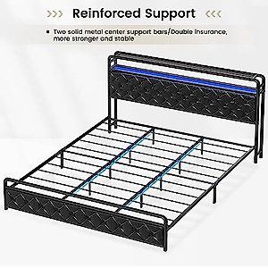 ADORNEVE King LED Bed Frame with Storage Headboard,Faux Leather King Size Platform Bed Frame with Power Outlets & USB Ports,Noise-Free,Black