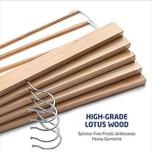 High-Grade Wooden Slack/Trouser Pants Hangers with Non Slip Bar (10 Pack) Smooth Finish, Durable Wooden Hangers - Slim & Sleek Space Saving Closet Hangers, 360° Hook- Ideal for Pant, Jeans, Slacks Etc