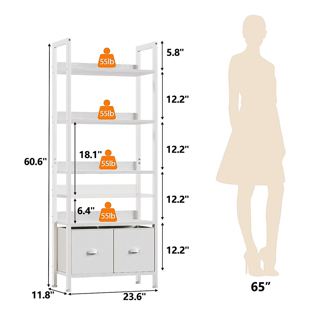 Furologee 5 Tier Bookshelf with Drawers, White Tall Bookcase with Shelves, Wood and Metal Bookshelves Storage Organizer, Modern Display Free Standing Shelf Unit for Bedroom, Living Room, Office