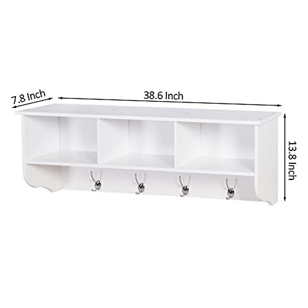 Mbolyeer Wall Mount Coat Rack with Shelf: Entryway Wood Storage Cubes with 4 Dual Hooks - 38.5 Inch Wooden Floating Shelves with Hanging - for Living Room Bathroom Kitchen (White)