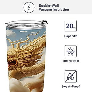 Wassud Golden Dragon 12 oz Tumbler with Lid and Straw Stainless Steel Double Wall Vacuum Tumblers Insulated Travel Coffee Mug for Cold and Hot Drinks