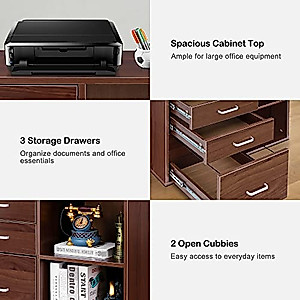 SUPER DEAL File Cabinet Bookshelf Combo 3 Drawer Wood File Cabinet with Lock Mobile Lateral Filing Cabinet Printer Stand with Open Storage Shelves Fits A4 or Letter Size for Home Office, Brown