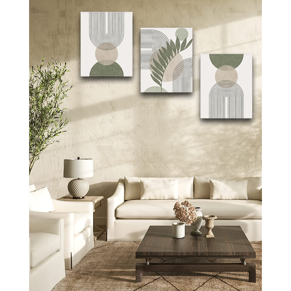 iHery Sage Boho Wall Art, 12x16in Framed Canvas Wall Art Pictures, Mid-Century Modern Wood Framed Abstract Prints for Bedroom,Minimalist wall Decor Bathroom 3Pack