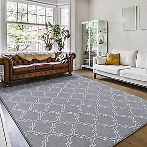Amearea Fluffy Indoor Area Rug, Soft Trellis Moroccan Rugs for Bedroom, Shag Modern Area Rug for Living Room Kids Room Nursery, Easy Clean, Geometry Home Decor Low Pile Carpet, Light Gray 5x7 Feet