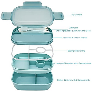 JBGOYON Bento Lunch Box for Kids and Adult, All-in-One Stackable Lunch Container Includes 2 Stackable Container, Built-in Plastic Cutlery Set, Tote Lunch Bag and Snack Packing, BPA Free (Green)