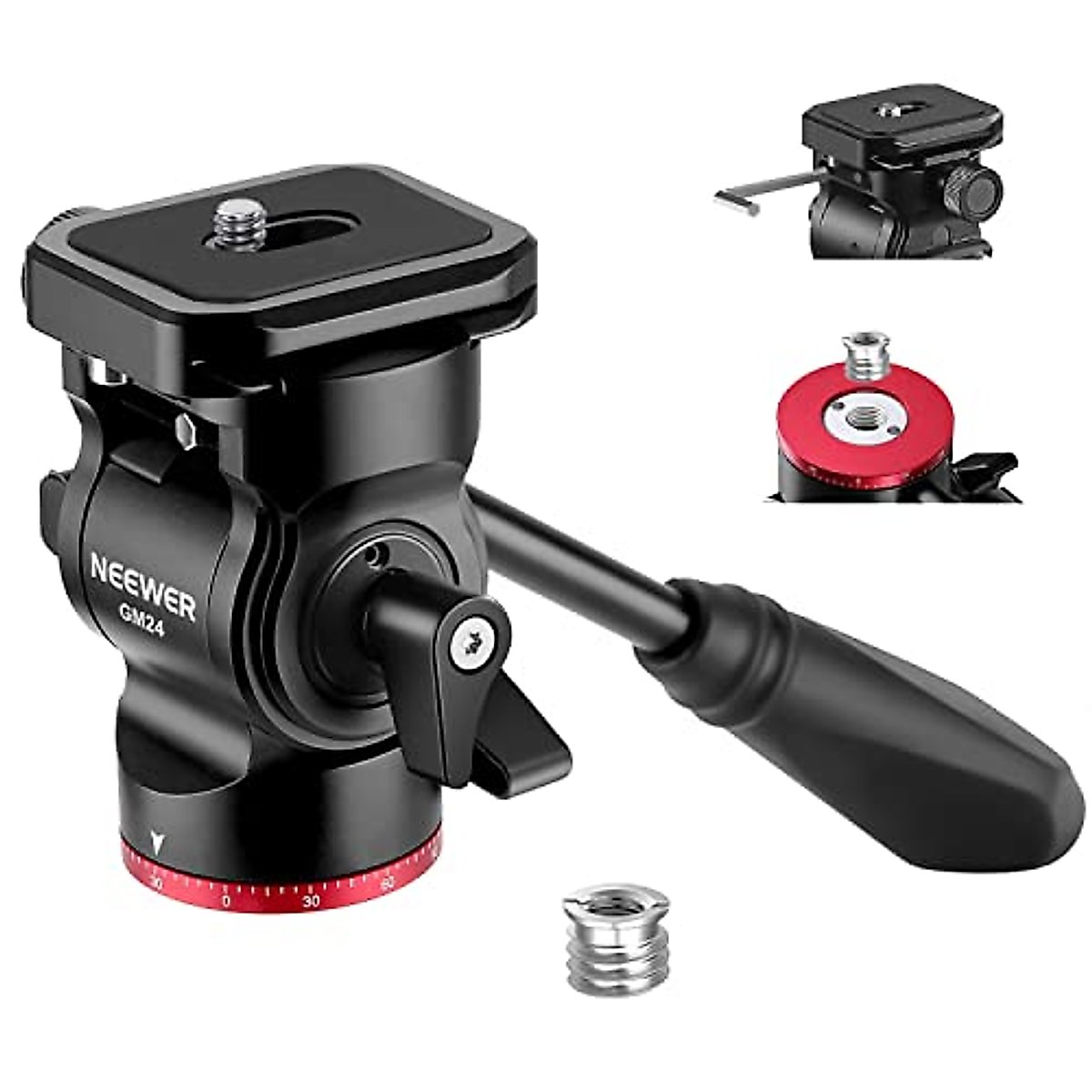 NEEWER Tripod Fluid Head Pan Tilt Head with Arca Type Quick Release Plate and Handle, Metal Panorama Head with Scaled Base (⌀37mm) for Compact Video Camera DSLR Camera, Load up to 6.6lb, GM24 (Red)