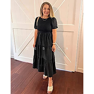 ZESICA Women's 2023 Casual Summer Crew Neck Short Puff Sleeve Smocked High Waist Ruffle Tiered A Line Midi Dress,Black,Medium