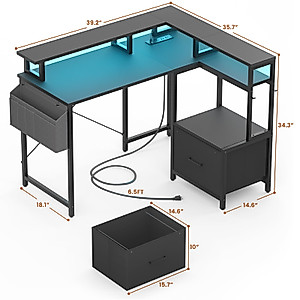 Homieasy Small Computer Desk with File Drawer Cabinet, L Shaped Office Desk with Printer Stand & Monitor Stand, 39 Inch Gaming Desk with Power Outlets Led Light Storage Bag Hanging Hooks, Black