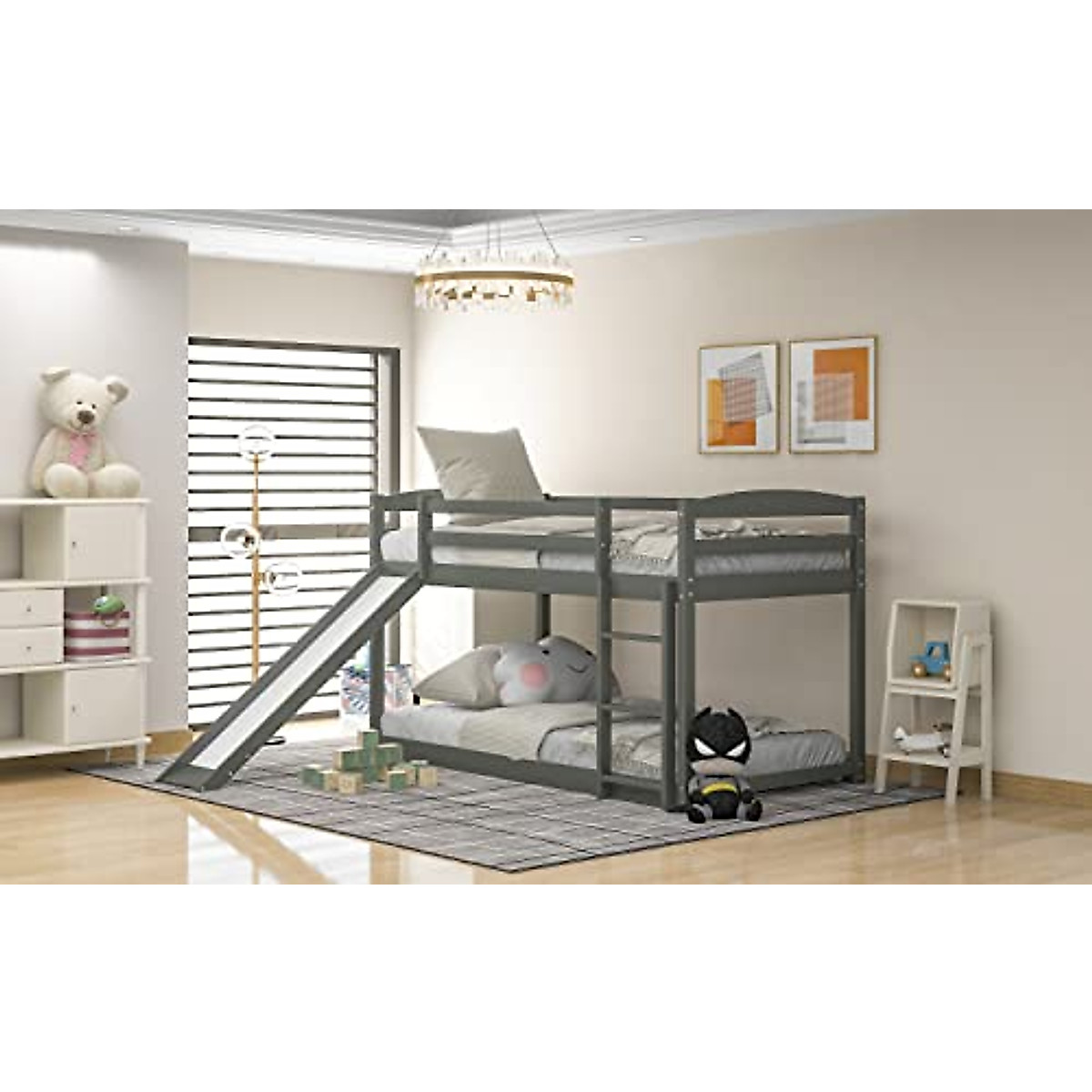 Tidyard Twin Over Twin Bunk Bed with Convertible Slide and Ladder, Gray for Bedroom Dorm Guest Room Home Furniture