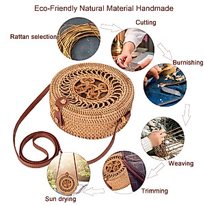 RIANGIE Beach Bag for Women Boho Bag Crossbody Purse Rattan Handwoven Round with Leather Strap