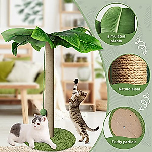 Kphico Cat Scratching Post for Indoor Cats,33.5" Tall Large Cat Scratching Post with Natural Sisal Rope,Kitten Scratcher with Simulated Leaves & Hanging Ball,Send 1 Cat Teasing Stick and 2 Catnip