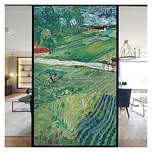Window Privacy Film Opaque Window Stickers European Style Stained Glass Film Art Village Oil Painting Pattern Frosted Window Stickers PVC Static Cling Privacy Film Decor Glass Window Decals (Color :
