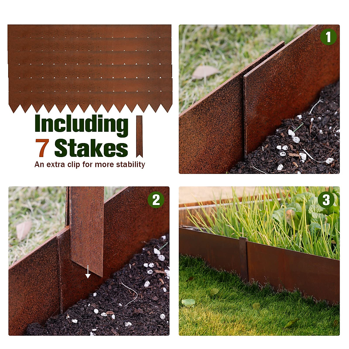 Worth Garden 6-Pack Pre-Rusted Cor-Ten Steel Landscape Edging - 40" L x 5.5" H (20ft Total) - No-Dig Hammer-in Heavy Duty 14-Gauge Metal Edging Border w/Clips & Protection Strips - Edge for Lawn Yard