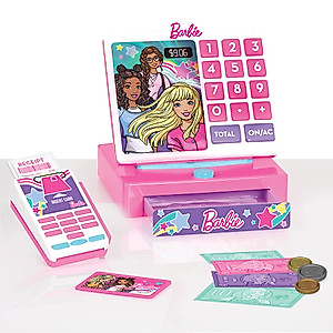 Barbie Trendy Cash Register with Sounds, Pretend Money, and Credit Card Reader, 9 Piece Playset, Kids Toys for Ages 3 Up by Just Play