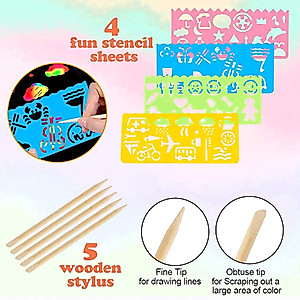 Mocoosy 60 Pcs Scratch Art Paper for Kids, Rainbow Magic Scratch Off Paper Set Art Craft Kit Black Scratch Paper Sheets with 4 Stencils 5 Wooden Stylus for Birthday Party Favors Game Activities