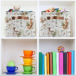 xigua Woodland Animals Storage Basket Foldable Storage Bin 2 Pack, Canvas Rectangular Storage Basket with Leather Handles for Home Closet & Office Decoration