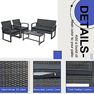 Patiorama 4 Pieces Outdoor Patio Furniture Set, Outdoor Wicker Conversation Set, Patio Rattan Chair Set, Modern Bistro Set with Coffee Table, Garden Balcony Backyard Poolside (Dark Grey)
