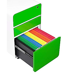 Laura Davidson Furniture Stockpile Flat 3 Drawer File Cabinet with Lock - Under Office Desk Metal Filing Cabinet, Legal/Letter File Folders, Wheels and Stationary Feet, Pre-Assembled, Green
