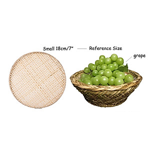 100% Handwoven Flat Wicker Round Fruit Basket Woven Food Storage Weaved Shallow Tray Organizer Holder Bowl Decorative Rack Display Kids DIY Drawing Board (Sqaure Hollow-Bamboo White, 18cm/7")