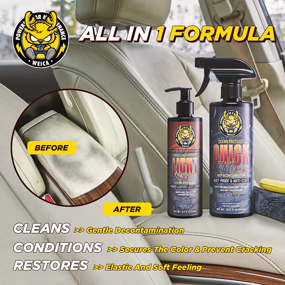 WEICA Leather Cleaner and Conditioner Care Kit with Cleaning Brush/Applicator/Microfiber Towel - Protects for Car Interiors,Furniture,Boots,Bags & Prevent Cracking or Fading of Leather Accessories