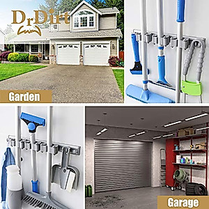 DrDirt Broom Holder Wall Mount with 3 Sliding Grippers and 4 Hooks, 13.4inch Heavy Duty Garden Tool Organizer Mop and Broom Holder for Home Kitchen Bathroom Laundry Room Closet Garden Garage, Gray