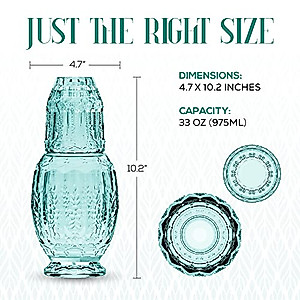 Elle Decor Vintage Bedside Water Carafe with Tumbler Glass – Elegant Pitcher and Matching Drinking Cup Doubles As Lid (Green)