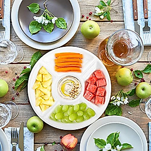 Okllen 12 Pack 5 Sectional Round Plastic Serving Tray, 12" Divided Candy Nut Serving Plate, Veggie Fruit Dish Platter Appetizer Tray for Dried Fruit, Snack, Desserts, Black & White