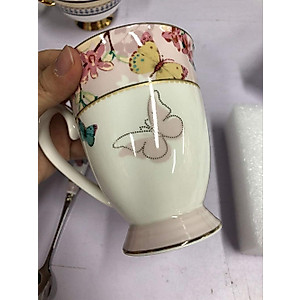 YBK Tech Euro Style Porcelain Tea Cup Coffee Mug with Lid for Breakfast Home Kitchen (((Butterflies Pattern) (Pink)))