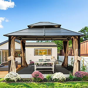 MELLCOM 12 x 14 FT Iron Hardtop Gazebo, Double Roof Design with Curtains and Netting, Waterproof Canopy Gazebos with Anti-Rust Coating Frame for Patios, Lawns, Gardens, and Backyard