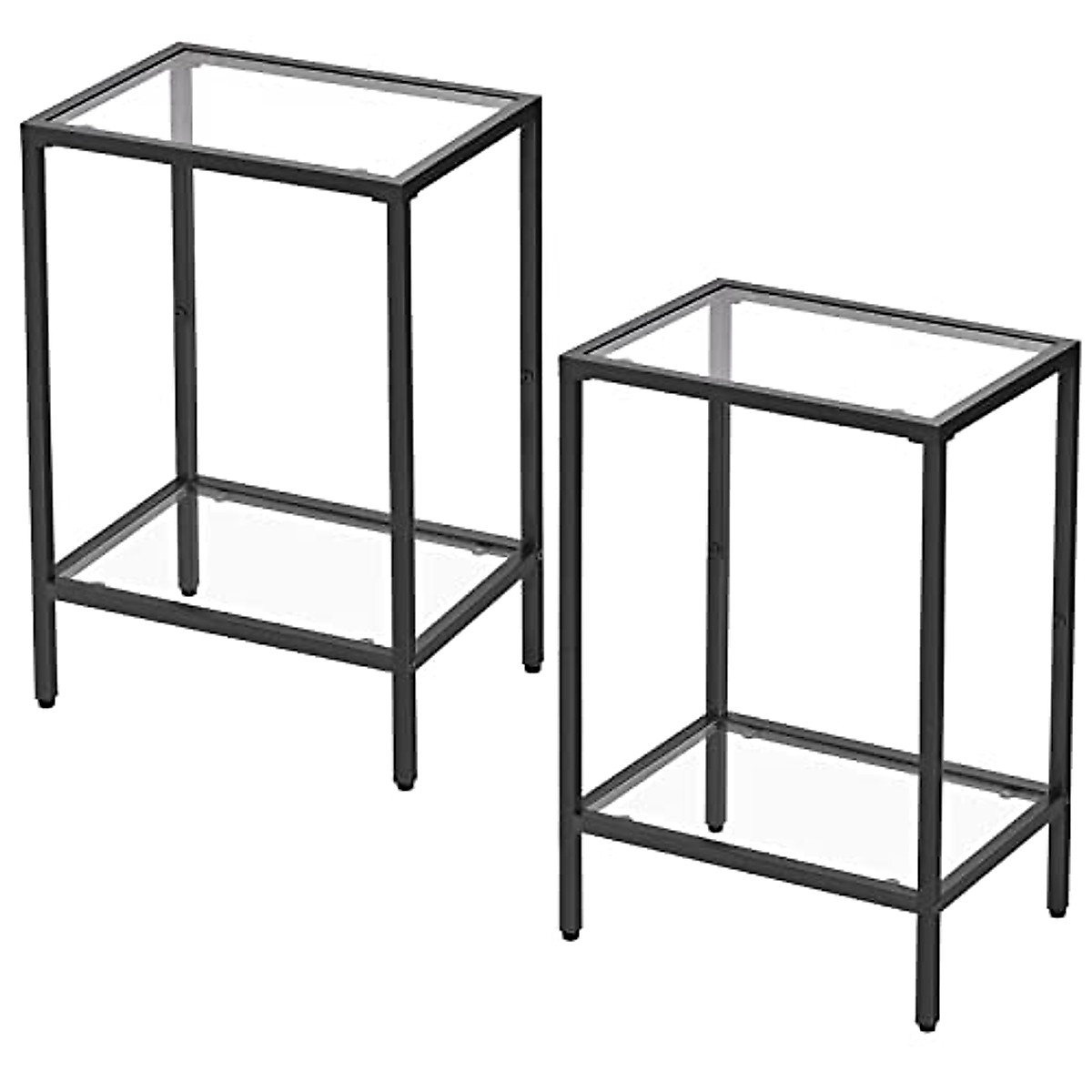 HOMSHO Side Tables Set of 2, End Tables with Tempered Glass, 2-Tier Nightstands with Storage Shelves, Slim Sofa Table for Living Room, Bedroom (2, Black)