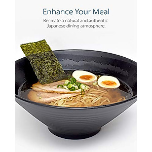 4 Sets (12 Piece) 57 Ounce Large Japanese Ramen Noodle Soup Bowl Melamine Hard Plastic Dishware Ramen Bowl Set with Matching Spoon and Chopsticks for Udon Soba Pho Asian Noodles (4, Black, 9 inches)