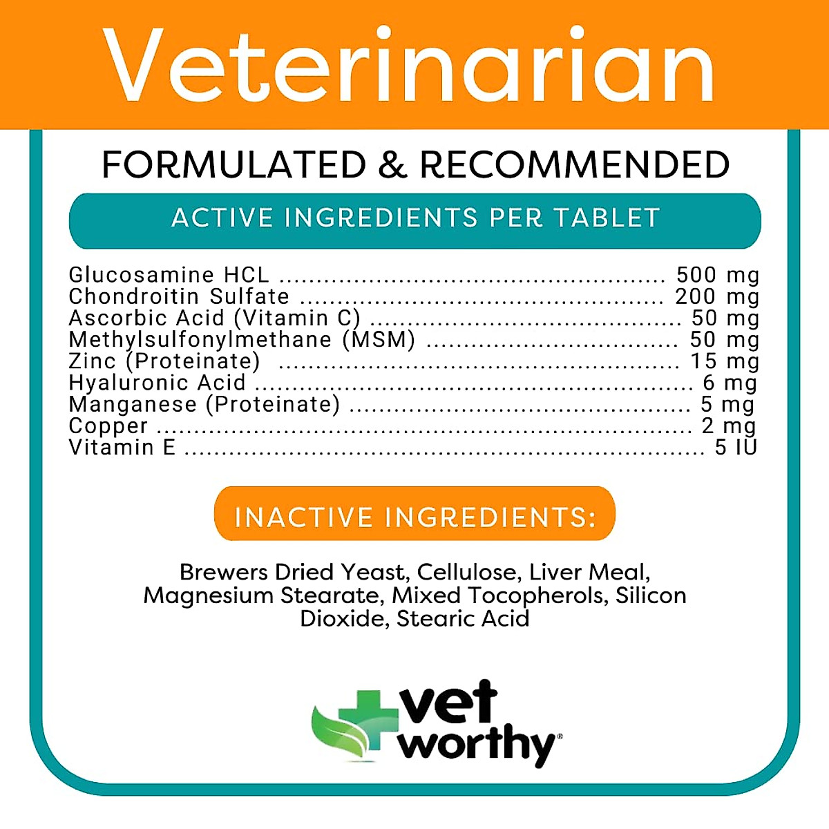 Vet Worthy Joint Support Level 2 Chewable Tablet | Supports Bone Health and Healthy Joints | Dog Supplement with Glucosamine, Chondroitin, MSM, Hyaluronic Acid | Liver Flavor 60 Count