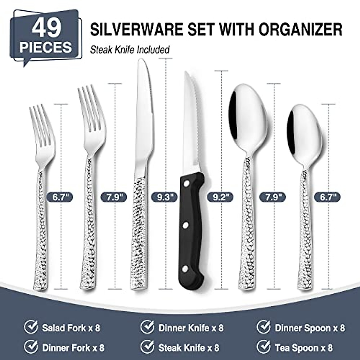 Hammered Silverware Set with Organizer, 49 Piece Stainless Steel Flatware Set for 8, Eating Utensil Sets with Steak knives, Cutlery Tableware Service Include Fork Knife Spoon Set, Mirror Polished
