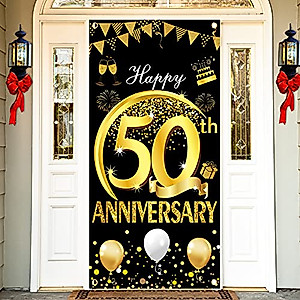 Kauayurk Happy 50th Anniversary Door Banner Backdrop Decorations, Large 50th Wedding Anniversary Door Cover Party Sign Supplies, Black Gold Happy 50th Anniversary Poster Decor