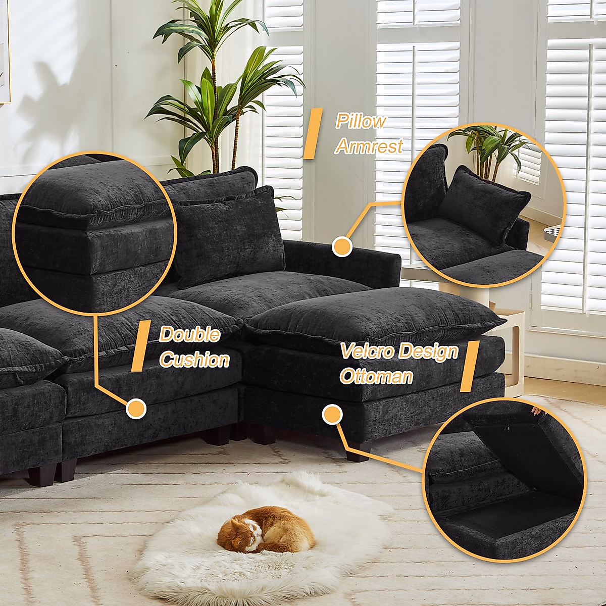 SENIFIS 77.6" Loveseat Sofa, Chenille Sectional Comfy Cloud Sofa Chouch with Movable Ottoman & Pillow, Modern 2-Seater Small Sofa Sleeper Deap Couches for Living Room (Black, Loveseat)