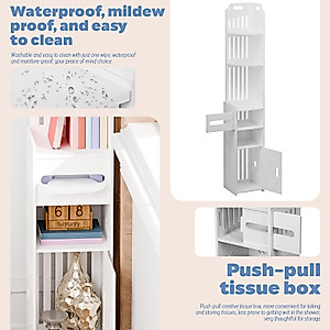 loyliawa Bathroom Cabinet, Pedestal Sink Storage Cabinet, Floor Standing Bathroom Cabinet, Narrow Bathroom Storage Cabinet with Paper Dispenser, Trash Can & Shelves for Skinny Bathroom Corner White