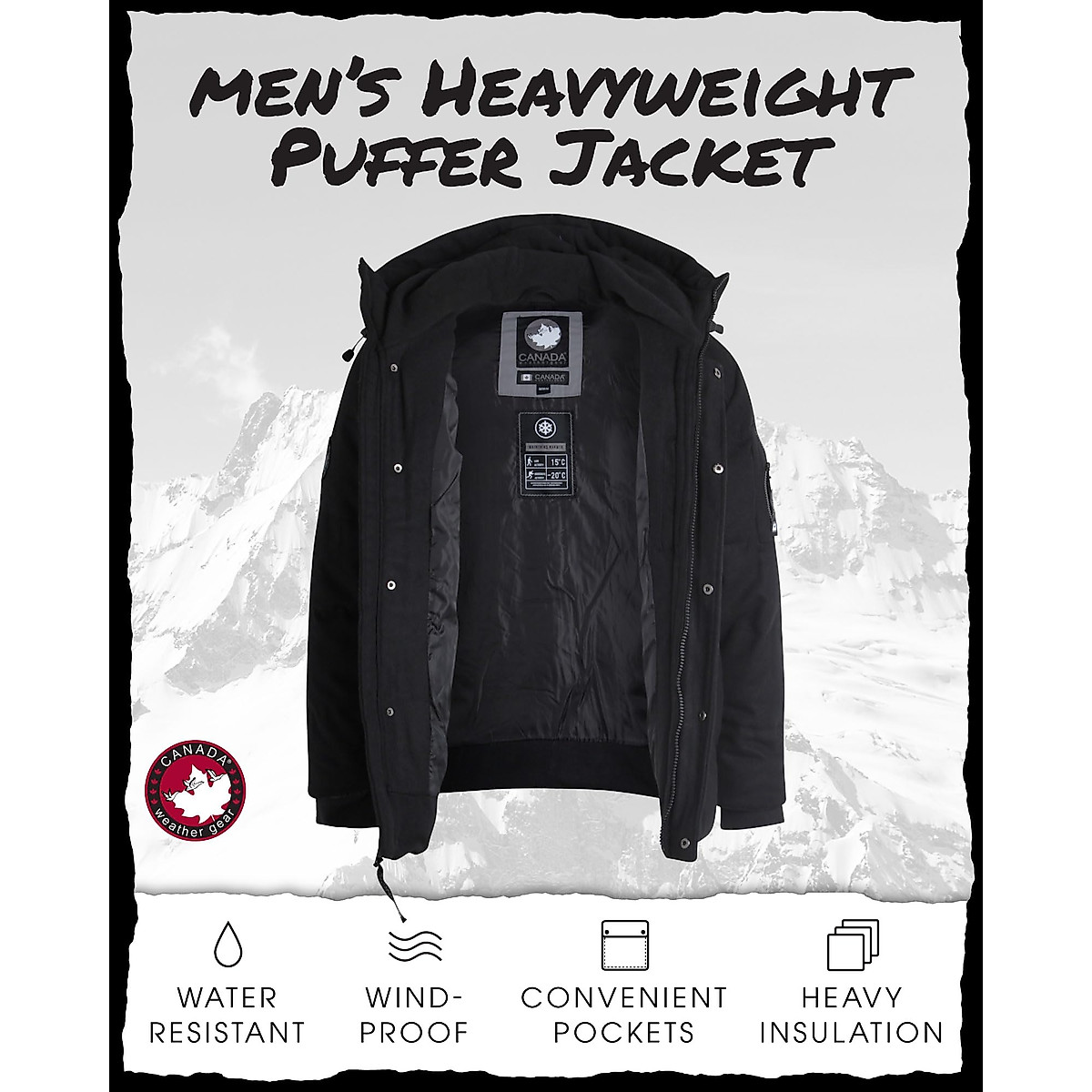 CANADA WEATHER GEAR Men's Wool Puffer Jacket Coat - Heavyweight Quilted Insulated Outerwear Parka (M-XXL), Size Large, Black