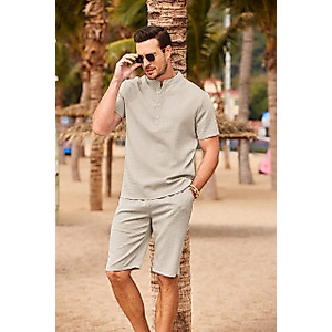 COOFANDY Men's 2 Pieces Linen Set Casual Henley Shirts Short Sleeve Beach Yoga Shorts Summer Pants Outfits