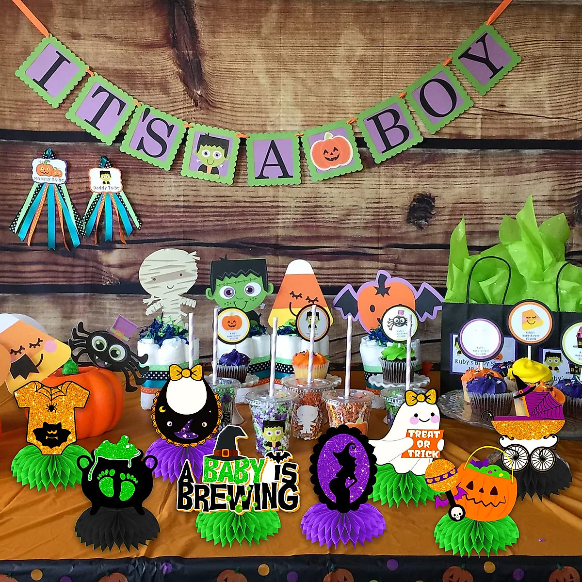 8pcs A Baby is Brewing Halloween Table Centerpiece, A Baby is Brewing Baby Shower Decorations Black Purple Ghost Witch Halloween Honeycomb Centerpieces for Gender Reveal Baptism Party cocomigo