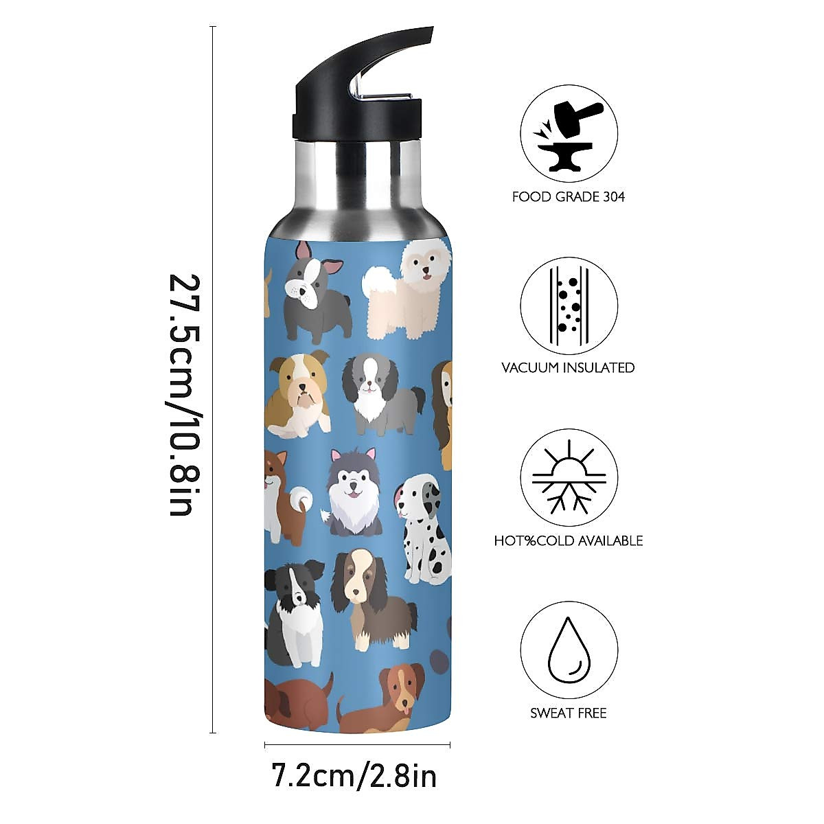 Puppy Dog Blue Water Bottle with Straw Lid Thermos Kids Insulated Stainless Steel Water Flask Sports, 20 Oz Hot Cold