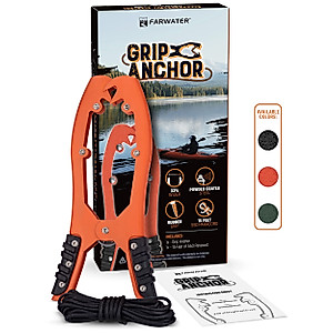 FARWATER Canoe Anchor Grip - Boat, Float Tube & Kayak Fishing Accessories, Kayaking Equipment - Brush Clamp Anchor with Teeth - Gripper with 15ft Paracord - Rubber Grips - Coated Steel - Matte Orange