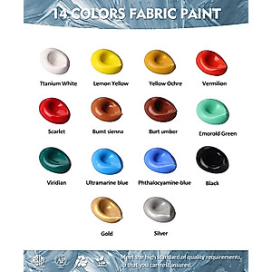 Colorful Fabric Paint Set for Clothes, with 6 Brushes,1 Palette, 14 Colors Permanent Child Safe & Non- Toxic Fabric Paint Kit for T-Shirt, Bags and Cloth Shoes