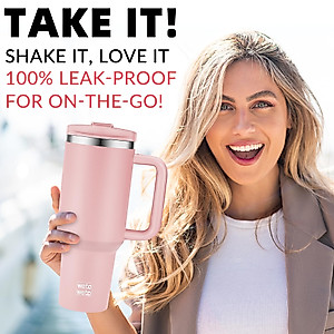 WETOWETO 40oz Tumbler with Handle and Lid | 100% Leakproof Insulated Stainless Steel Travel Mug | Keeps Cold 34Hrs/Hot 10Hrs | Dishwasher Safe, Fits Car Cup Holder (Blush Color)