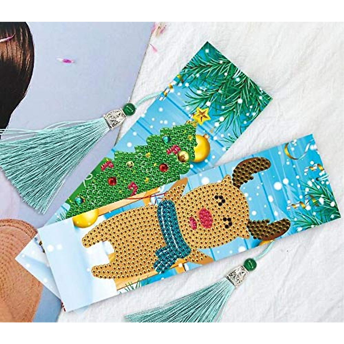 Christmas Bookmark Diamond Painting Kit - pigpigboss 4 Pack 5D Diamond Painting Art Crystal Rhinestones Snowman Bookmark Diamond Painting Set Christmas Tree Diamond Dot Bookmark Book Decor (21 x 6 cm)