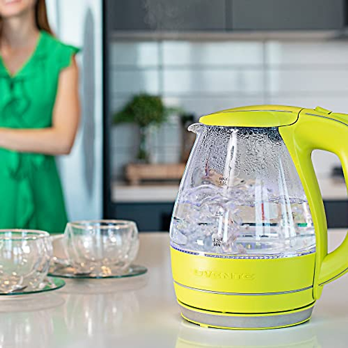 OVENTE Glass Electric Kettle Hot Water Boiler 1.5 Liter Borosilicate Glass Fast Boiling Countertop Heater - BPA Free Auto Shut Off Instant Water Heater Kettle for Coffee & Tea Maker - Green KG83G